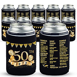 Yangmics 50th Birthday Can Cooler Sleeves Pack of 12- 50th Anniversary Decorations- 1973 Sign - 50th Birthday Party Supplies - Black and Gold Fiftieth Birthday Cup Coolers