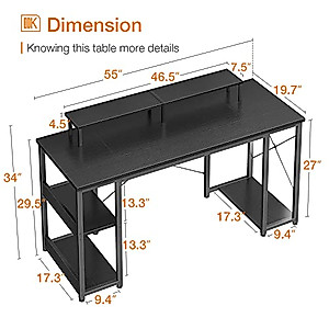 ODK 55 inch Computer Desk with Monitor Shelf and Storage Shelves, Gaming Desk, Study Table with CPU Stand & Reversible Shelves, Black