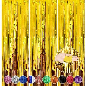 Mtkocpk 3-Pack 3.2x8 Feet Gold Foil Fringe Backdrop Curtains Party Decorations - Perfect for Parties, Baby Showers, Gender Reveals, and Disco Fun, Party Backdrops Decor