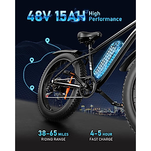 AMYET EB26 Electric Bike for Adults Peak 1500W Electric Bicycle 48V 15AH (720WH) Battery Electric Bike 26" Fat Tire Mountain 28mph 7 Speed Gears Dual Shock Absorber Ebike (Black)