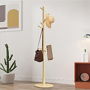 Vlush Freestanding Wooden Coat Rack Stand, Wood Hall Tree Coat Tree Hanger with 11 Round Hooks, Solid Round Base, 3 Adjustable Height for Hat, Clothes, Handbags,Umbrella, Natural