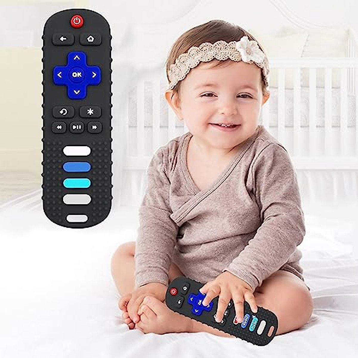 2-Pack Baby Remote Control Teether Toy for Babies 6-36 Months, Silicone Baby Teething Toys, Boys Girls Baby Teething Toys (Black + Gray)