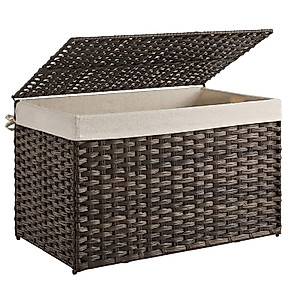 SONGMICS Storage Basket with Lid, Rattan-Style Storage Trunk with Cotton Liner and Handles, for Bedroom Closet Laundry Room, 29.9 x 17.1 x 18.1 Inches, Brown URST76BR