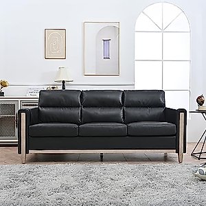 Haplized Comfortable PU Leather Sofa Couch,Soft Cushions with Solid Wood Legs, Durable and Long-Lasting,Couchs Sofa for Living Room,Apartment (Black, 3 Seater Sofa)