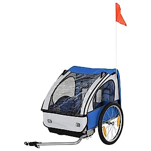 Aosom 2-Seat Child Bike Trailer for Kids with a Strong Steel Frame, 5-Point Safety Harnesses, & Comfortable Seat, Blue