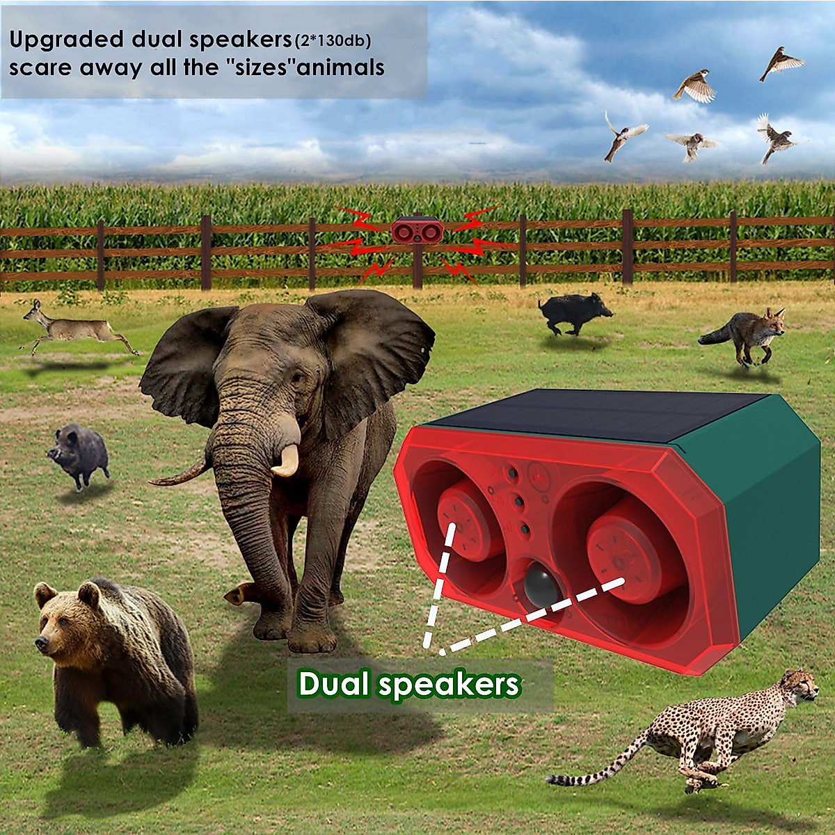 HULPPRE Solar Outdoor Motion Sensor Alarm-13 Sounds Including Dog Barking&Gunshot,2*130db Loud Noise Maker,+/-Volume,4 Modes,Support Recording,Strobe Light with USB,Say Goodbye to The Intruders