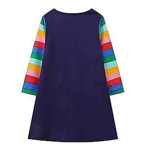Little Girl Long Sleeve Dress Rainbow Stripe Back to School Pocket Pen Applique Navy Blue Autumn Dresses 6 Years