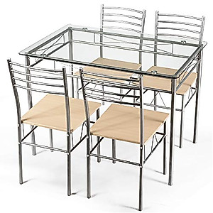 Giantex 5 Piece Dining Table Set, Kitchen Dining Set with Tempered Glass Table Top and 4 Chairs, Dinette Set for 4 for Breakfast Dining Room Kitchen