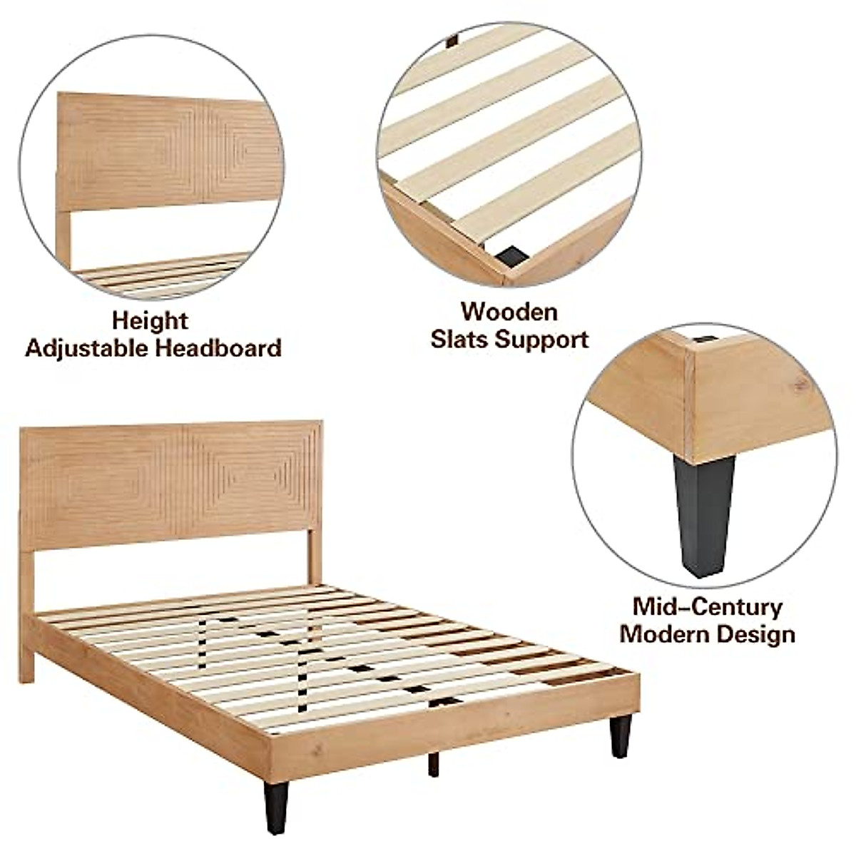MUSEHOMEINC Mid Century Modern Solid Wood Platform Bed,King Size Bed Frame with Adjustable Height Headboard, Wood Slat Support Bed Frame, Bed Frame No Box Spring Needed