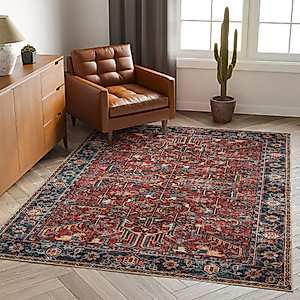 Valenrug Washable Rug 8x10 - Ultra-Thin Antique Collection Stain Resistant Area Rug for Living Room Bedroom, Distressed Vintage Rug(Red, 8'x10')