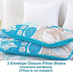 DJY Coastal Quilt Set King Coastal Blue Pattern Quilt Coverlet Set Soft Coastal Patchwork Bedspread with 2 Pillow Shams 3 Pieces Coastal Bedding Quilt Set for All Season 90"x 104"