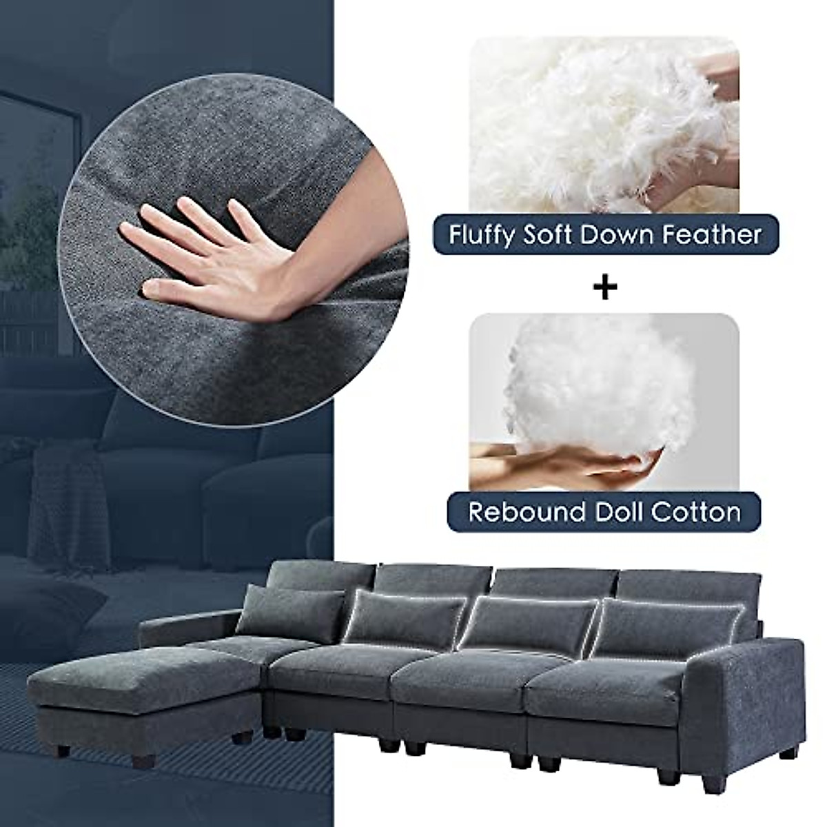 130" L-Shaped Convertible Modular Sectional Sofa with Reversible Chaise, Feather Filled, 5-Seat, 4 Pillows