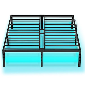 HOOBRO Queen Bed Frame with LED Lights, Metal Platform Bed Frame with Charging Station, 2 Outlets and 2 USB Ports, Heavy Duty Queen Size Bed Frame with End Stop, Ample Under Bed Space, Black