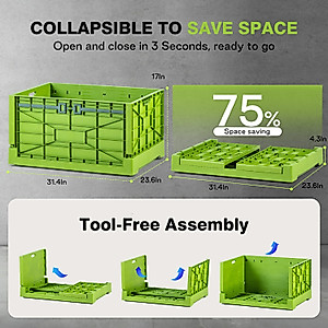 LivLab Mker 50 Gallon / 200L Collapsible Storage Bins - 31.4" L x 23.6" W x 16.9" H, Extra Large Foldable Crate for Storage, Stackable Plastic Container Box for Organizing Home, Office, Green