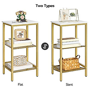 HOOBRO Side Table, 3-Tier End Telephone Table with Adjustable Mesh Shelves, for Office Hallway or Living Room, Modern Look Accent Furniture, Tall and Narrow, White and Gold DW01DH01G1