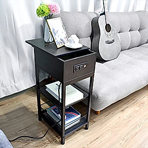 SZLHANJZ Slim End Table, Narrow Nightstand with Charging Station, Slide Open Sofa Bed Side Table with Drawers Storage Shelf, 3-Tier Wood & Metal Modern Nightstand for Home Office Dorm, Black