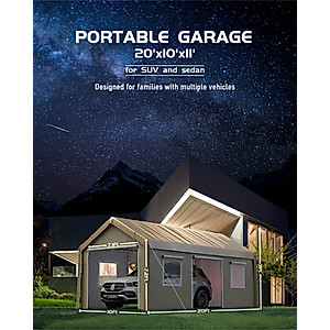 GarveeLife 10 x 20 ft Carport Heavy Duty, Portable Garage with 4 Roll-up Doors, 4 Mesh Windows, 180 g PE Tarps, and 8 x 1.0 mm Poles, for Full-Size Pickups, Bass Boats, and SUVs, Khaki