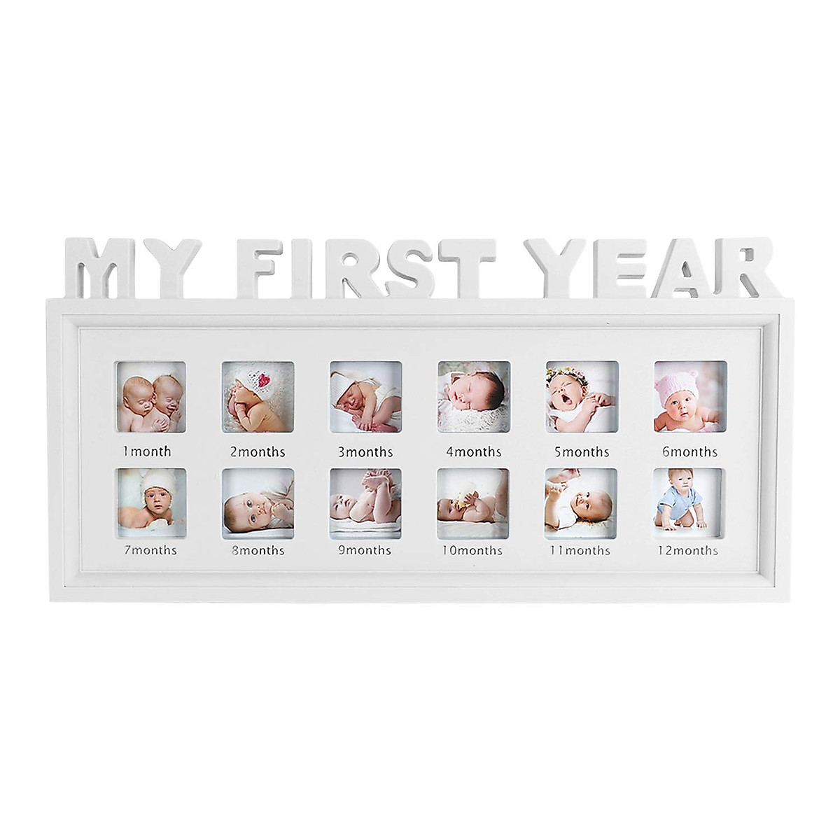 My First Year Picture Frames Baby Moments Keepsake Photo Frame Newborn Infant Collage Frame Boys Girls Shower Gift Wall hanging 12 Month Frame for Room Wall Nursery Décor Elegant White Natural Wood