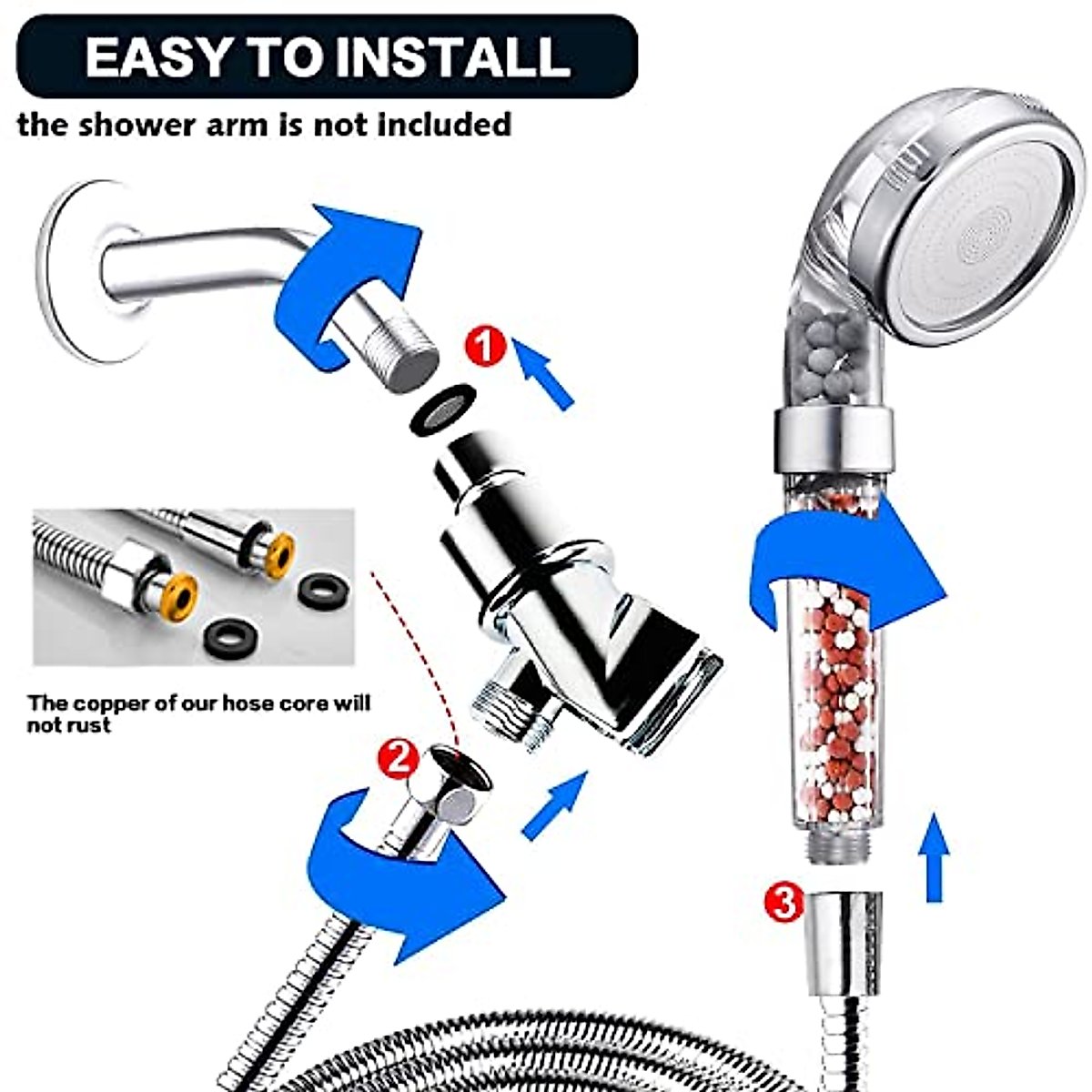 AmasSmile® High Pressure Shower Head with 59” Hose and Bracket, Ionic Filter Filtration Vortex Turbo Water Saving 3 Mode Function Spray Turbocharged Hydro Jet Handheld Showerheads for Dry Skin & Hair
