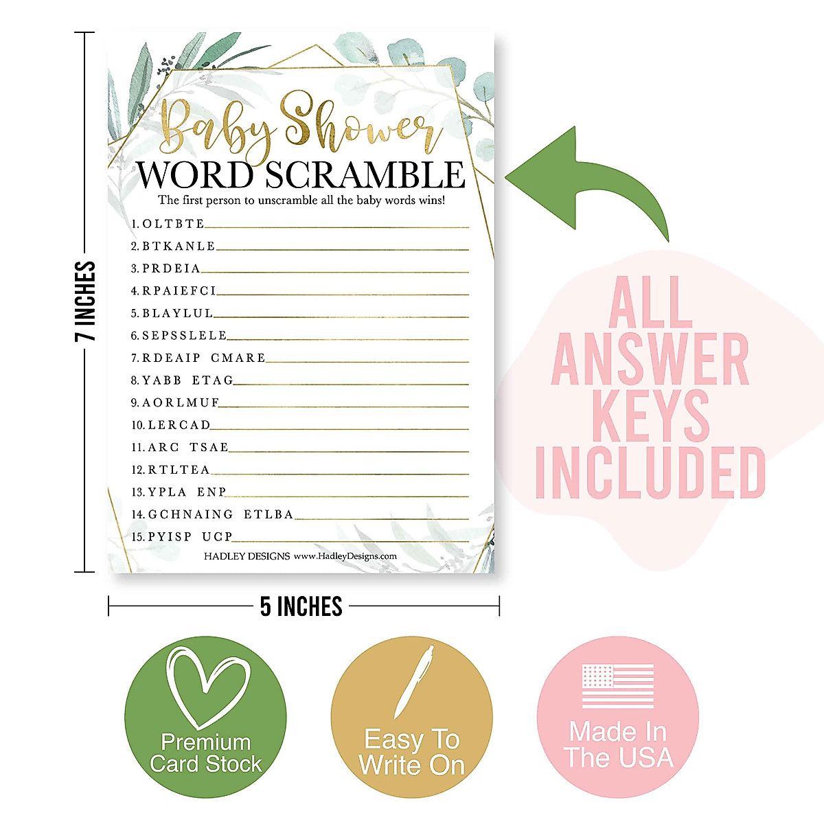 25 Greenery Animal Matching, 25 Nursery Rhyme Game, 25 Word Scramble For Baby Shower, 25 True Or False Game, 25 Who Knows Mommy Best, 25 Baby Prediction And Advice Cards - 6 Double Sided Cards