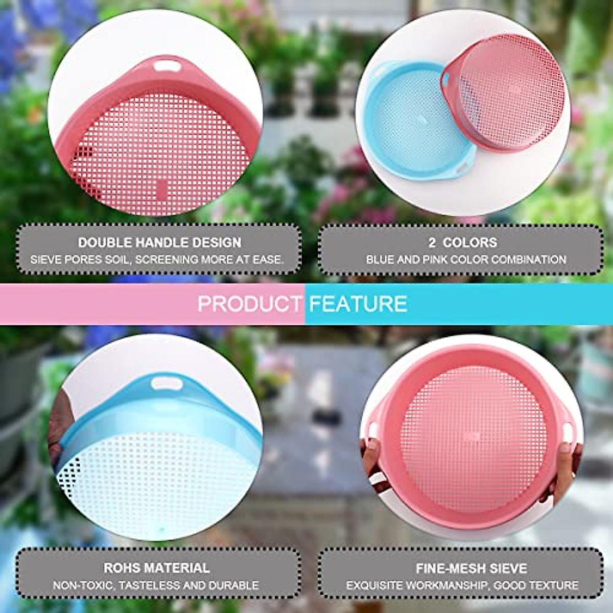 LNQ LUNIQI 2Pcs Round Garden Soil Sieve with Handle,Plastic Mesh Soil Sifter Set for Sieve Work of Small Gravel, Soil, Sand (Pink,Blue