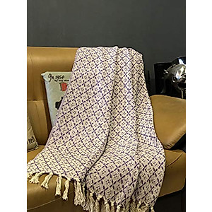 Ancient Handicraft Cotton Throw Blanket with Fringe 60x48 Inches | Purple Reversible Lightweight Warm Cozy Throw Blanket for Living Room, Bed Room, Chair, Couch, Camping, Travel, Everyday Use