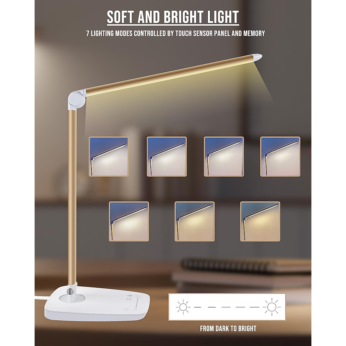 Lichamp Dimmable LED Desk Lamp with USB Charging Port, Touch Control Foldable Gooseneck Free Rotation Adjustable Eye Care Table Lamp, Bedside Reading Light with UL AC Adapter (Gold)