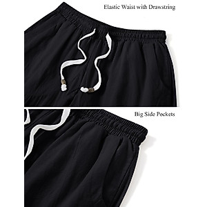 EKLENTSON Mens Beach Pants Elastic Waist Drawstring Capri Shorts Loos Fit Baggy Summer Cotton Linen Pants Men, Black, 38