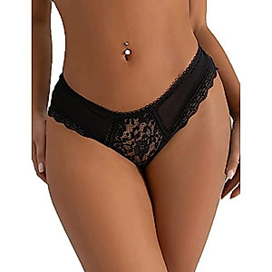 ohyeahlady Women's Sexy Lace Thong Plus Size Tanga Briefs Panties Strings Lace Lingerie Naughty Cheeky Underwear Black
