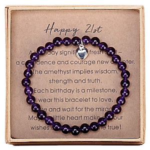 21st Birthday Gifts for Her Amethyst Bead Bracelet with Sterling Silver Heart Charm Gifts for 21 Year Old Women with Card and Gift Box