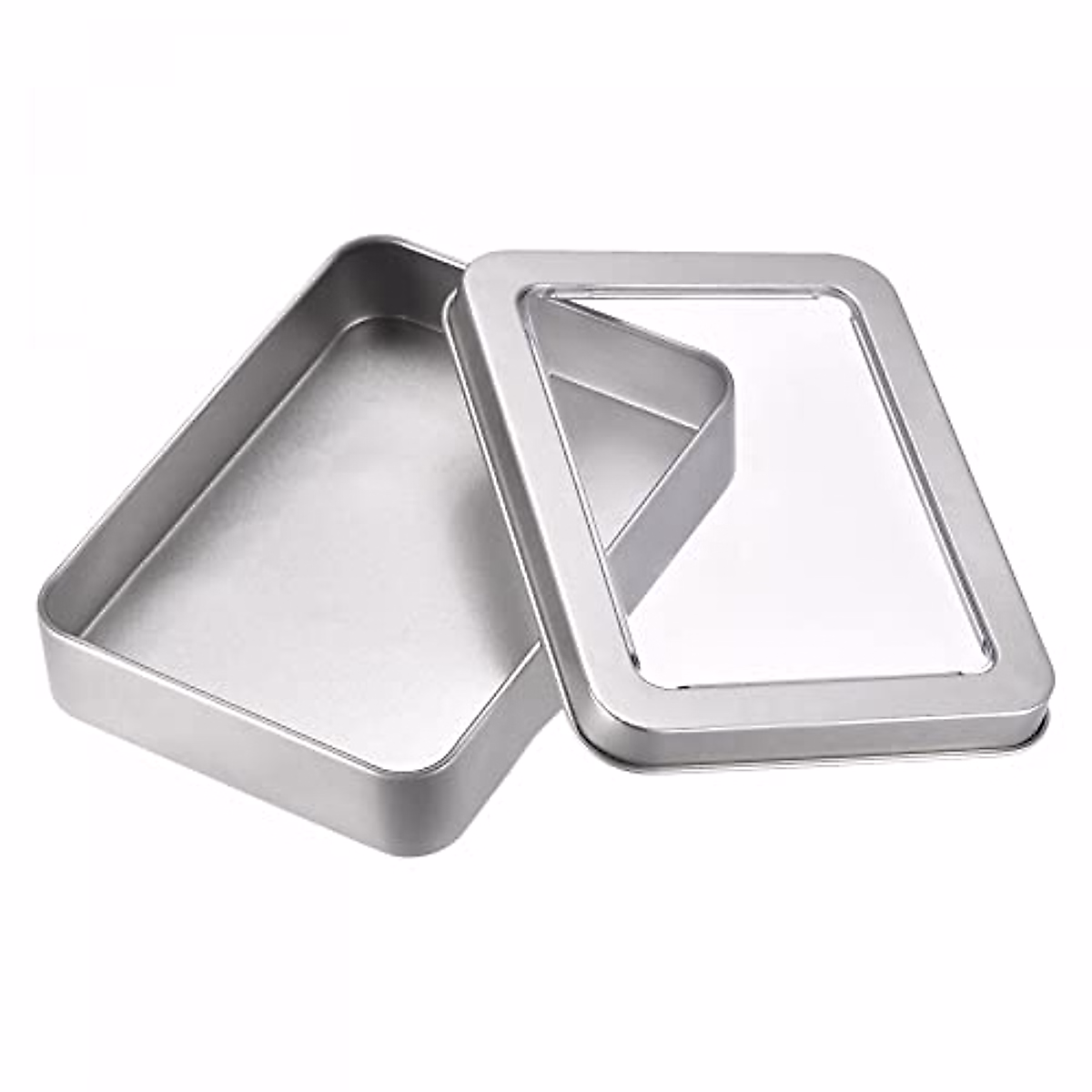 uxcell Metal Tin Box, 4.53" x 3.35" x 0.87" Rectangular Empty Tinplate Storage Containers with Clear Lids, Silver Tone