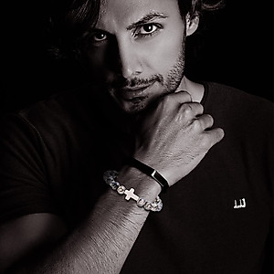 XIMEO 8PCS Cross Beads Bracelet Set Lava Rock Howlite Turquoise Tiger Eye Stone Natural Stone Bracelet Stretch Elastic Healing 8mm Beads Bracelet