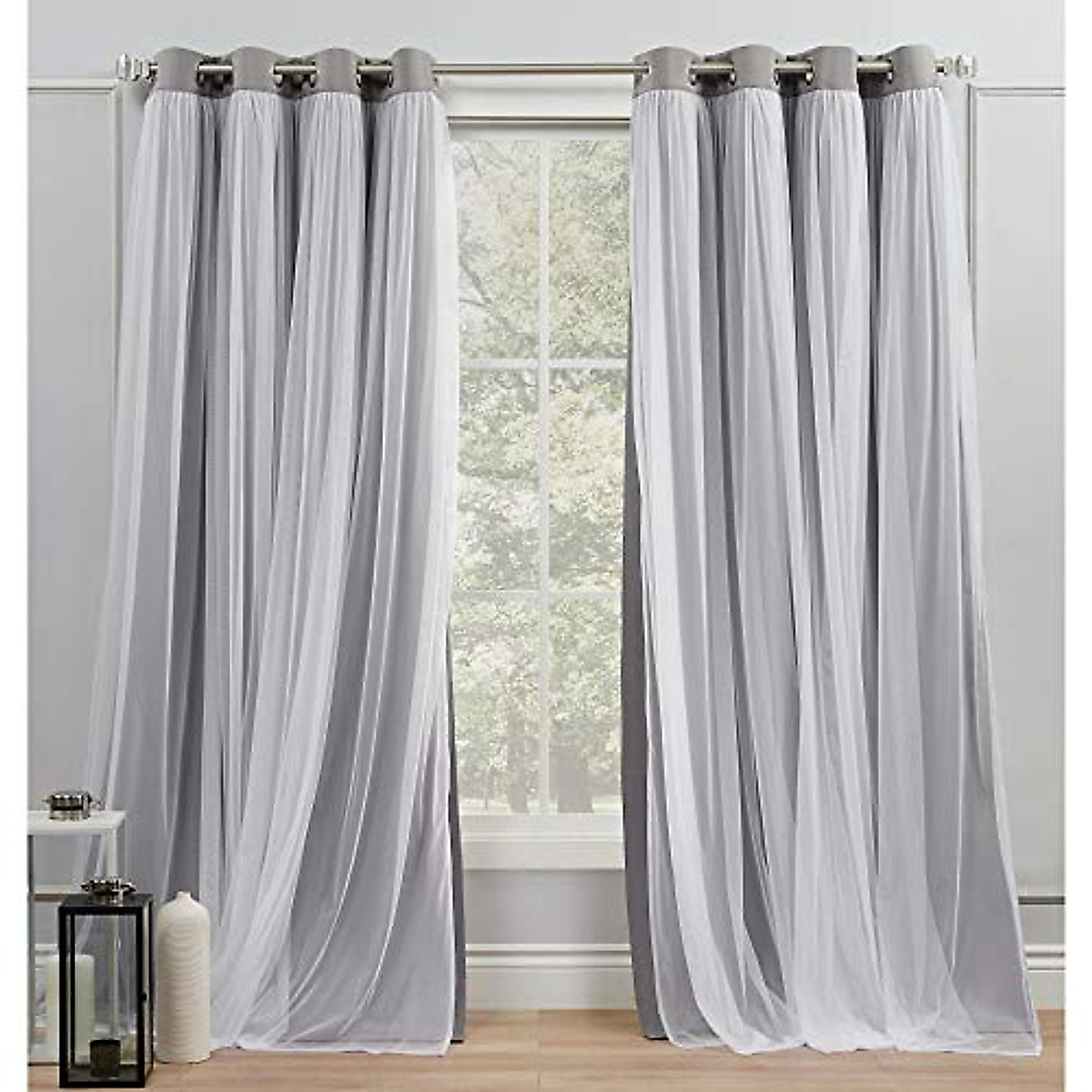 Exclusive Home Catarina Layered Solid Room Darkening Blackout and Sheer Grommet Top Curtain Panel Pair, 52"x84", Soft Grey