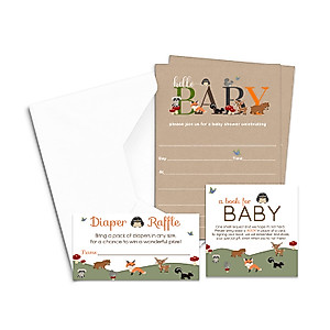 Paper Clever Party Woodland Invitation Kit for Baby Shower, Set Includes Blank Invites with Envelopes, Diaper Raffle Tickets and Bring a Book Cards, 25 of Each Design
