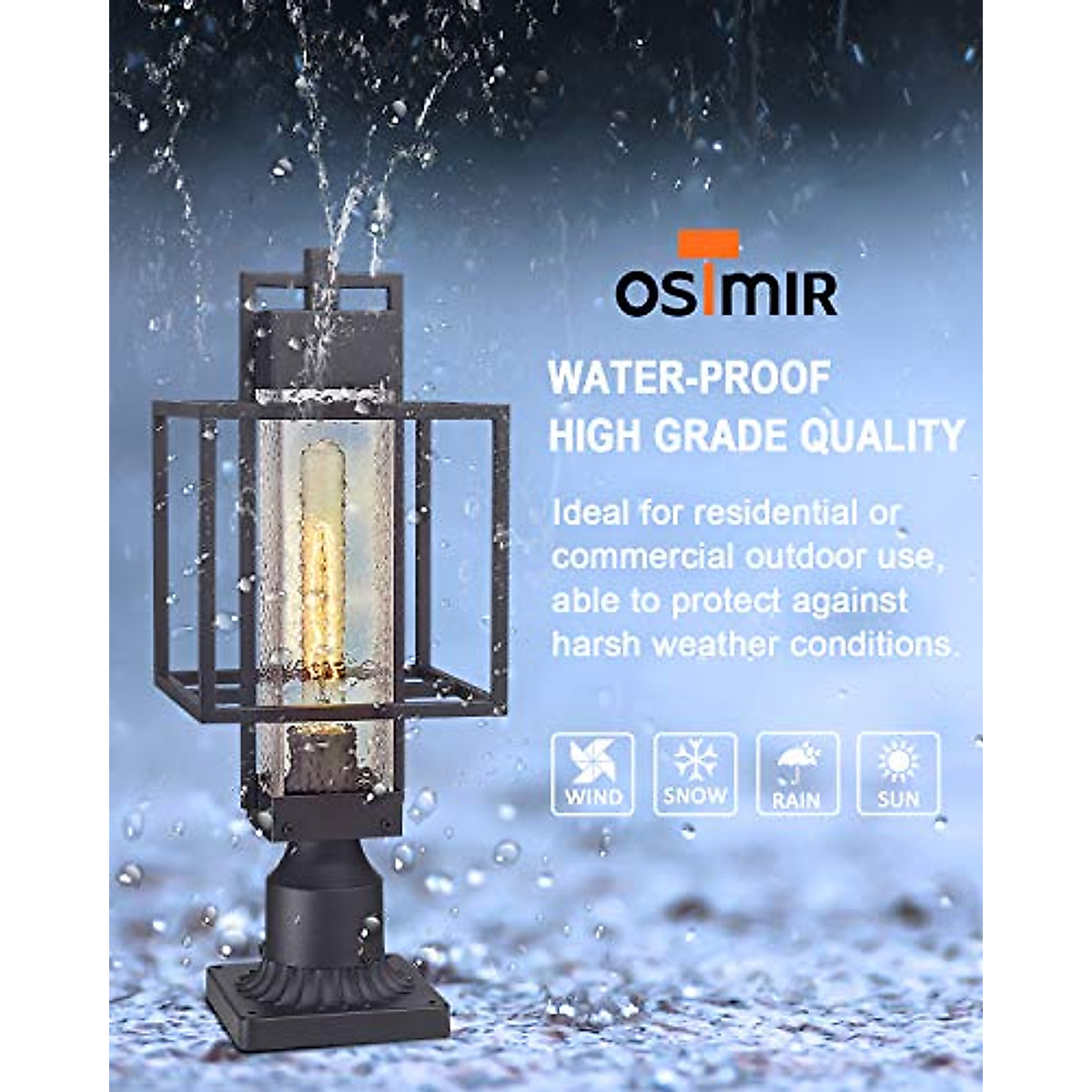 Osimir Outdoor Post Light Fixture, 1-Light Exterior Post Lantern with Pier Mount Base, Pier Light with Bubble Glass Shade Black Finish, Outdoor Light for Patio, Porch, Yard, Garden 2375/1GL