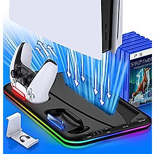 DINOSTRIKE PS5 Cooling Station with RGB Light, PS5 Stand with Cooling Fan for PS5 Disc&Digital Editions Dual Controllers Charger Station, PS5 Accessories for PS5 Console Headset Holder, 6 Game Slots