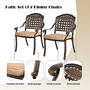OKIDA 2 Piece Outdoor Dining Chairs, Cast Aluminum Chairs with Armrest, Patio Bistro Chair Set of 2 for Garden, Backyard (Mesh Design with Khaki Cushion)