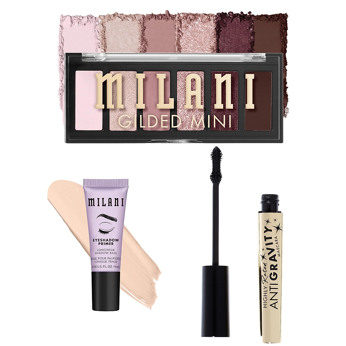 Milani Eyeshadow Primer + Gilded Mini Eyeshadow Palette - The Wine Down + Highly Rated Anti-Gravity Black Mascara with Castor Oil and Molded Hourglass Shaped Brush