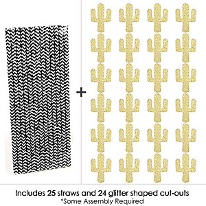 Big Dot of Happiness Gold Glitter Cactus Party Straws - No-Mess Real Gold Glitter Cut-Outs and Decorative Christmas Cactus Party Paper Straws - Set of 24