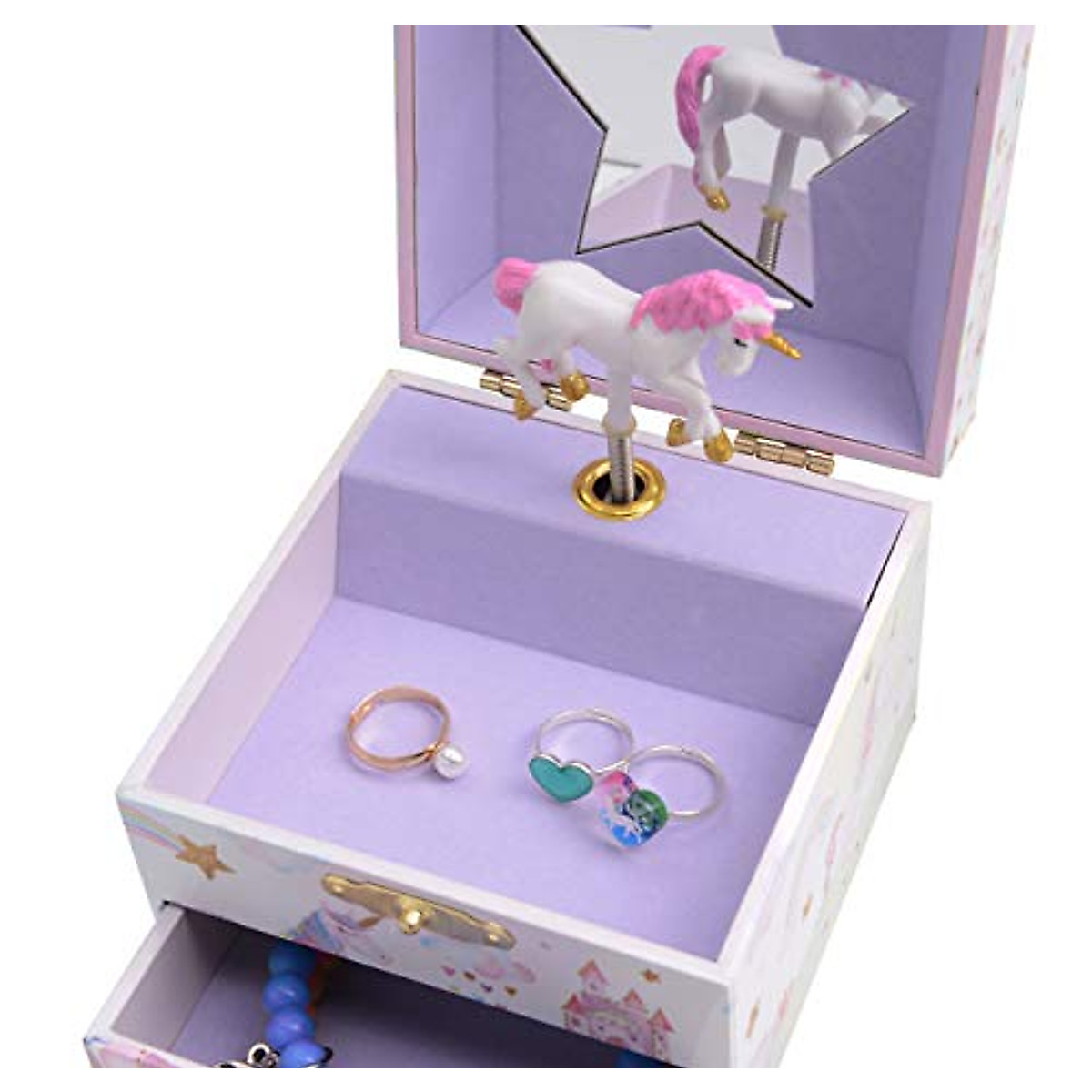 Jewelkeeper Girl's Musical Jewelry Storage Box with Spinning Unicorn & Pullout Drawer, Glitter Rainbow and Stars Design, The Unicorn Tune - Ideal Gift for Girls