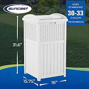 Suncast 33 Gallon Durable Plastic Hideaway Outdoor Garbage Can Trash Bin with Lid and Wicker Design for Backyard, Deck, or Patio, White