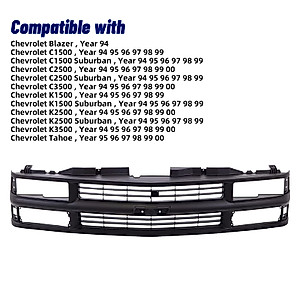 JustDrivably Replacement Parts Front Grille Grill With Black Shell Frame With Black Insert With Dual Headlight Type Compatible With Chevrolet C/K 1500 2500 3500 Full Size 1994-2000 Suburban