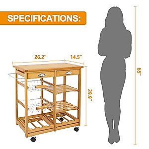 Nova Microdermabrasion Kitchen Island Cart with Storage, Rolling Side Table on Wheels with 2 Drawers, 3 Shelves, Lockable Casters for Dining Room, Bar