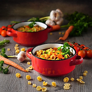 ECODECO Baking Serving Ceramic Red Soup Bowls with Handles - 16 Ounce - Set of 2 - Chowder Bisque Pot Pie Crocks