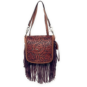Western Genuine Leather Floral Tooled Fringe Womens Crossbody Bag 3 Color (Laser Cut Brown)