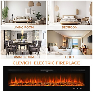 Clevich 60 inches Electric Fireplace Insert and Wall Mounted with Multicolor Flame,750w/1500w Fireplace Heater Low Noise,Fire Place for The Living Room,Touch Screen Remote Control with Timer,Black