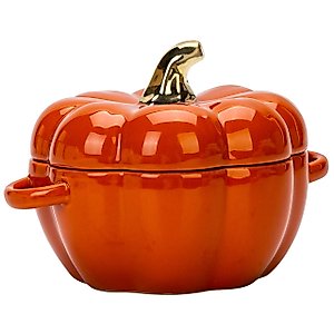 YUMUO Pumpkin Not-Stick Ceramics Dish,Fashion Creative Tableware Dessert Fruit Soup Bowl with Lid,for Cooking & Serving Orange