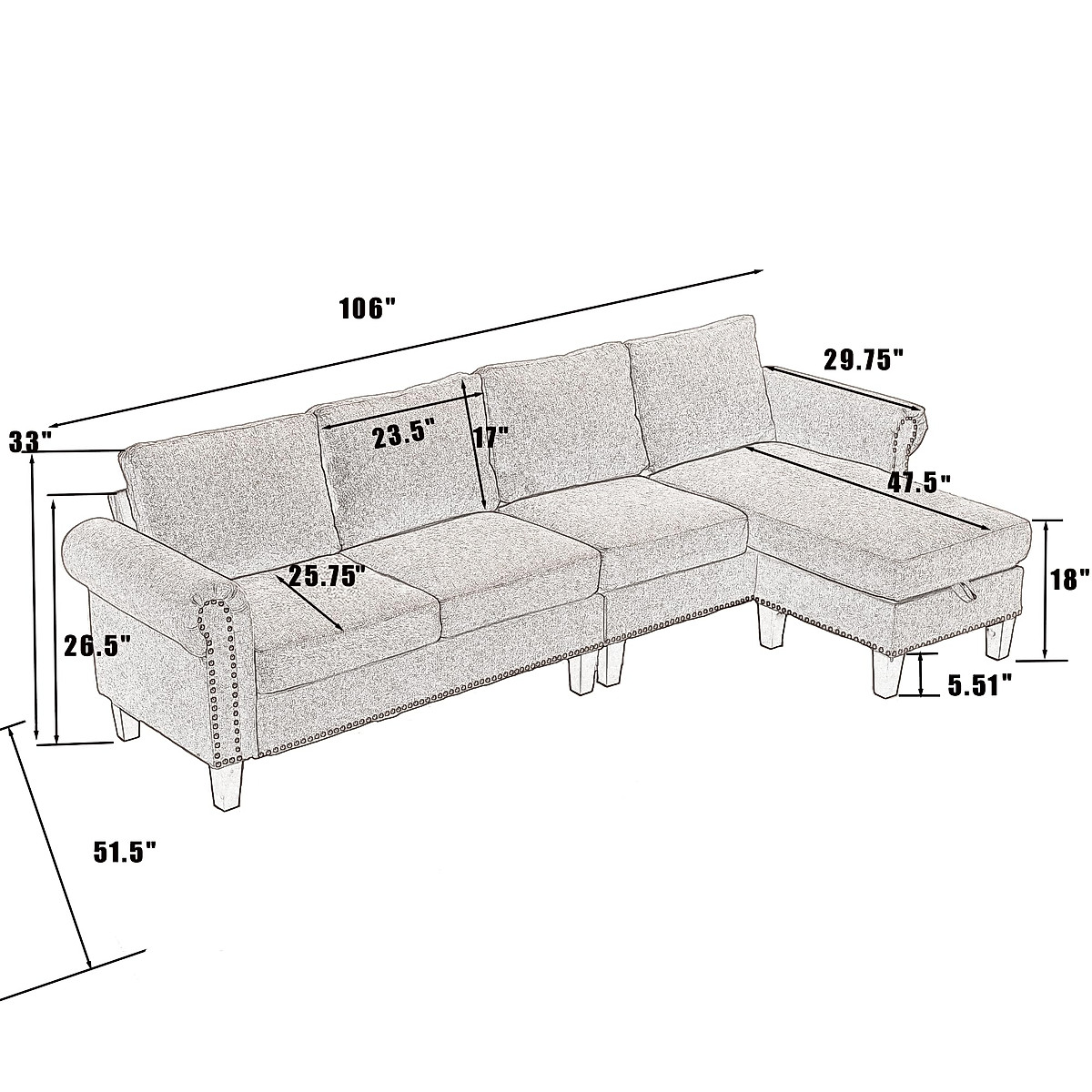 Ball & Cast 106" Convertible Sectional Sofa with Storage Chaise, Linen Upholstered 4 Seater Couch with Back Cushions and Removable Ottoman for Living Room, Apartment, Office,Beige