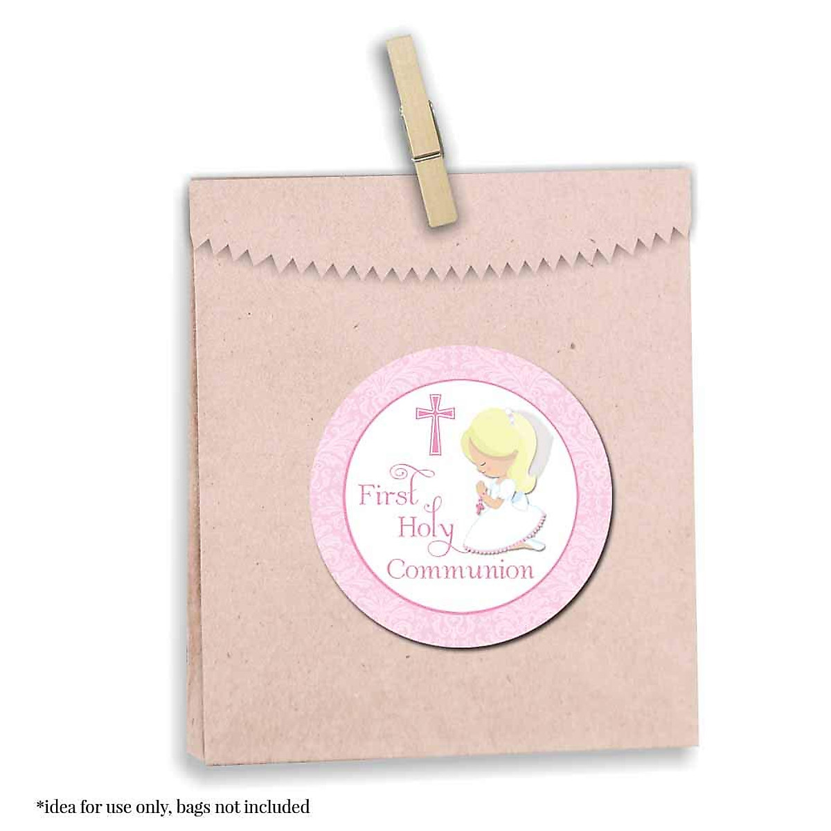 First Holy Communion Religious Thank You Sticker Labels for Girls (Light Skin, Blond Hair), 40 2" Party Circle Stickers by AmandaCreation, Great for Party Favors, Envelope Seals & Goodie Bags