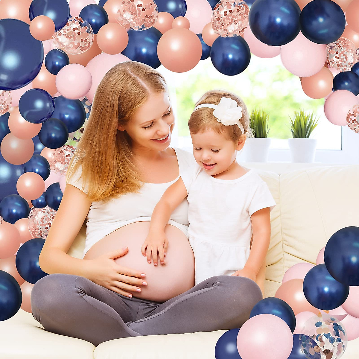 JULLIZ 144pcs Rose Gold Navy Blue and Pink Gender Reveal Balloon Garland Confetti Balloons for Graduation Shower Wedding Graduation Birthday Party Decoration